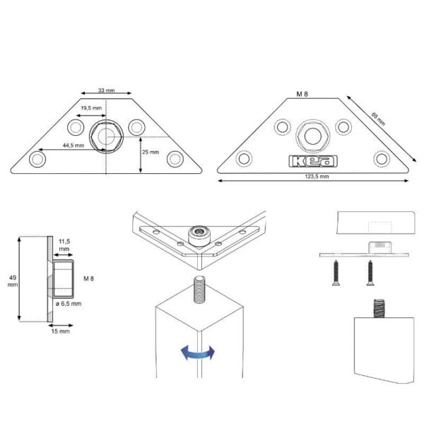 TRIANGULAR PLATE WITH BUSHING FOR LEG FASTENING | Gamma fittings
